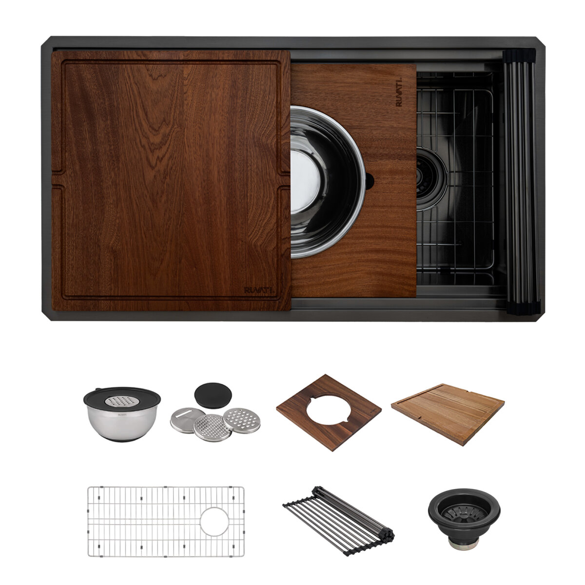 Ruvati 33-inch Gunmetal Black Stainless Steel Workstation Two-Tiered ...